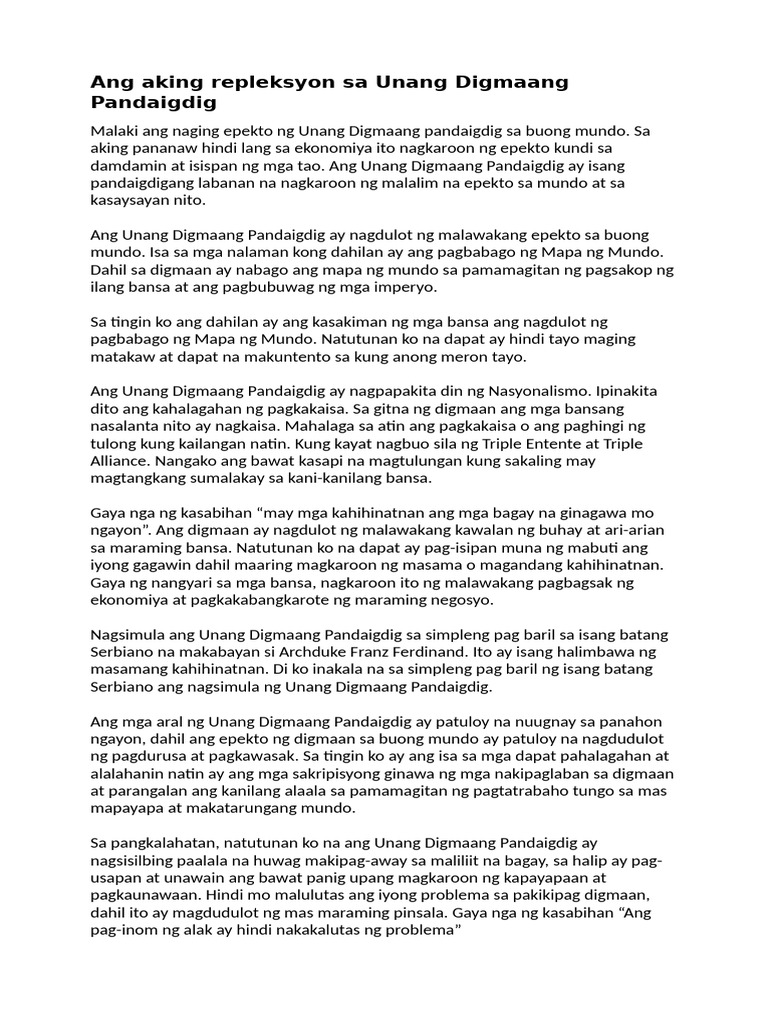 Ang Aking Repleksyon Sa Unang Digmaang Pandaigdig | PDF