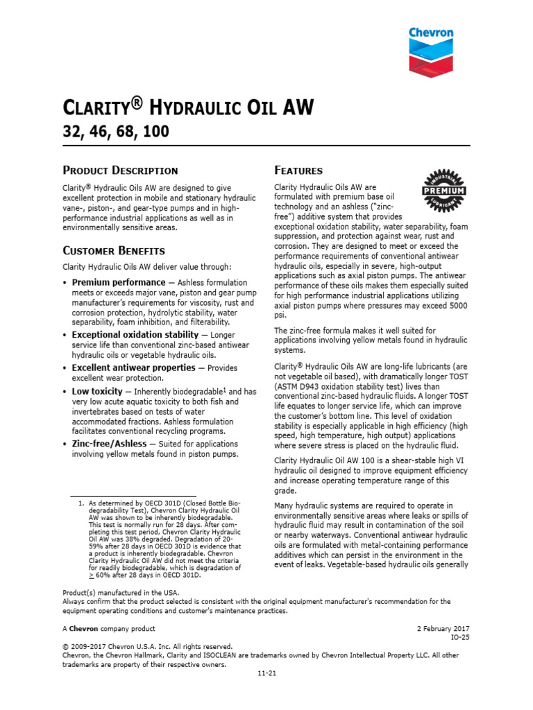 Chevron Clarity Hydraulic Oil AW 32 Technical Datasheet | PDF ...