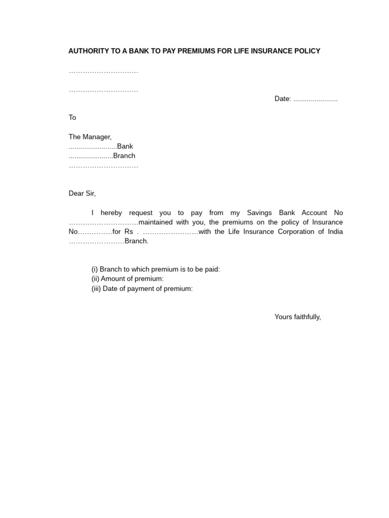 Authority To A Bank To Pay Premiums For Life Insurance Policy | PDF ...
