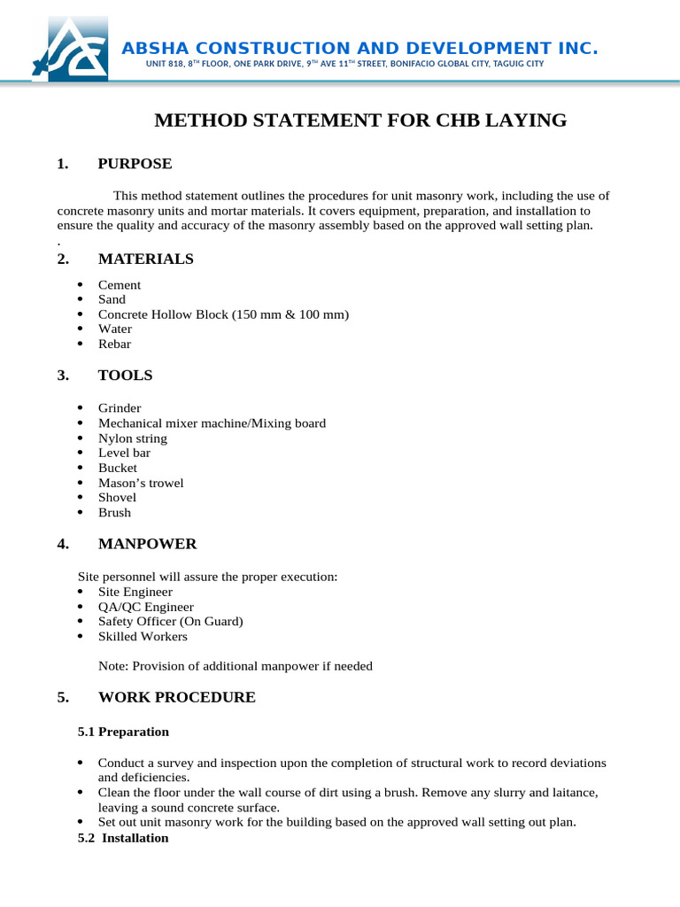 Method Statement For CHB Laying | PDF | Masonry | Concrete