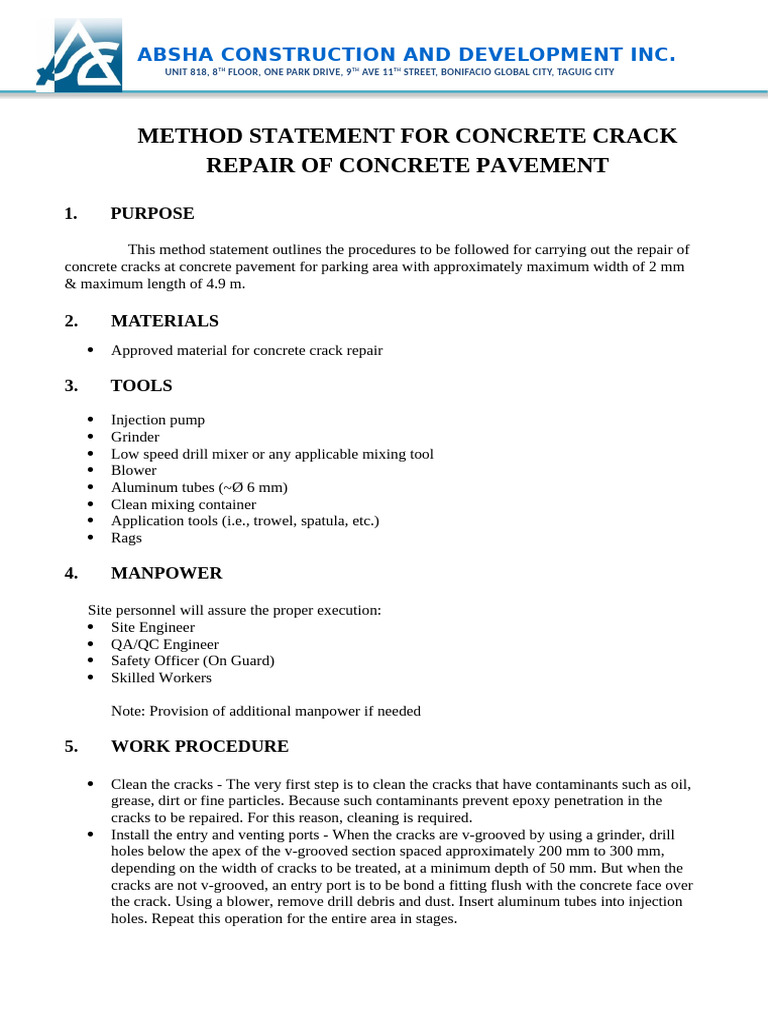 Method Statement For Concrete Crack Repair For Concrete Pavement | PDF ...