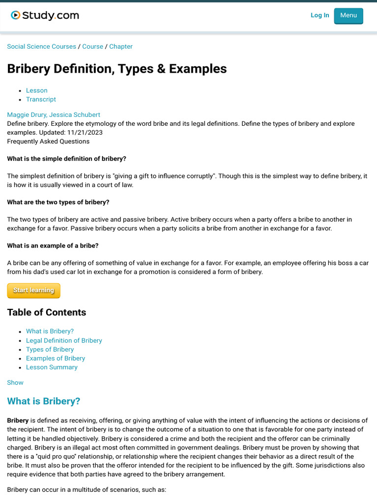 BriberyDefinition, Types&Examples-Video&LessonTranscriptStudy - Com ...