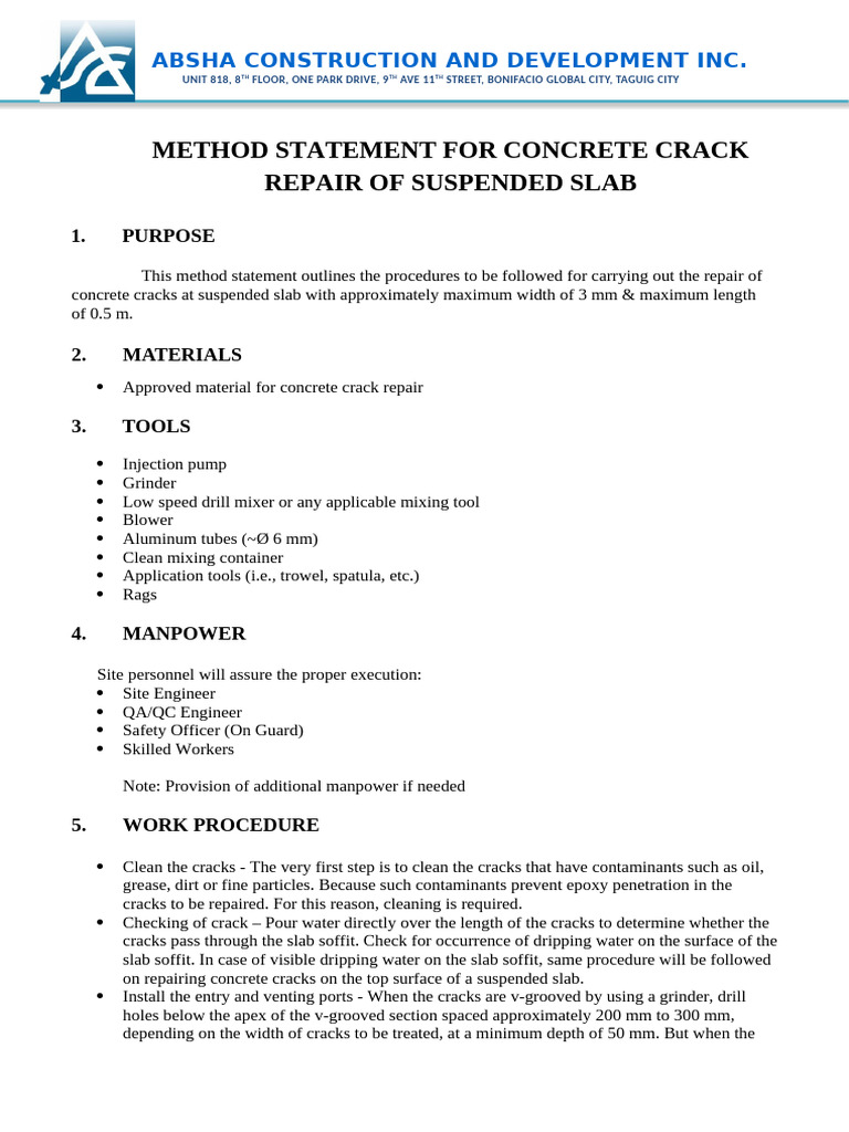 Concrete Crack Repair Method Statement | PDF | Epoxy | Concrete