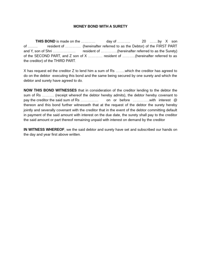 Surety Money Bond Agreement | PDF | Law