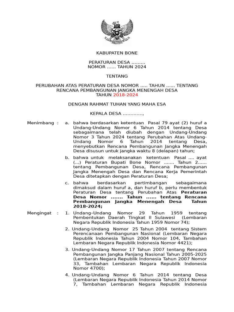 Perubahan RPJM Desa 2024 Kabupaten Bone | PDF