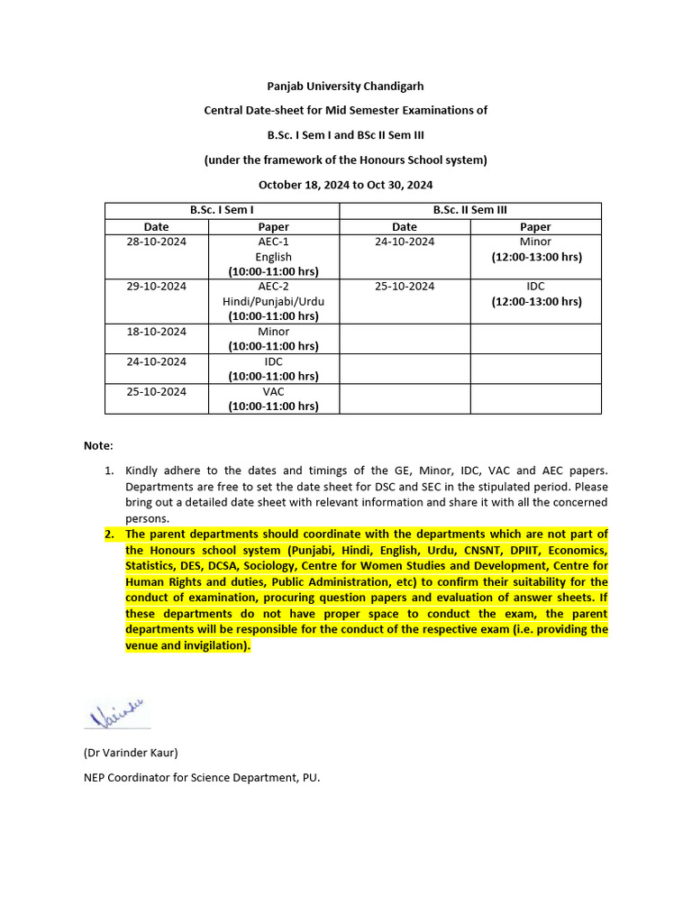 Mid Semester Exam Schedule 2024 | PDF