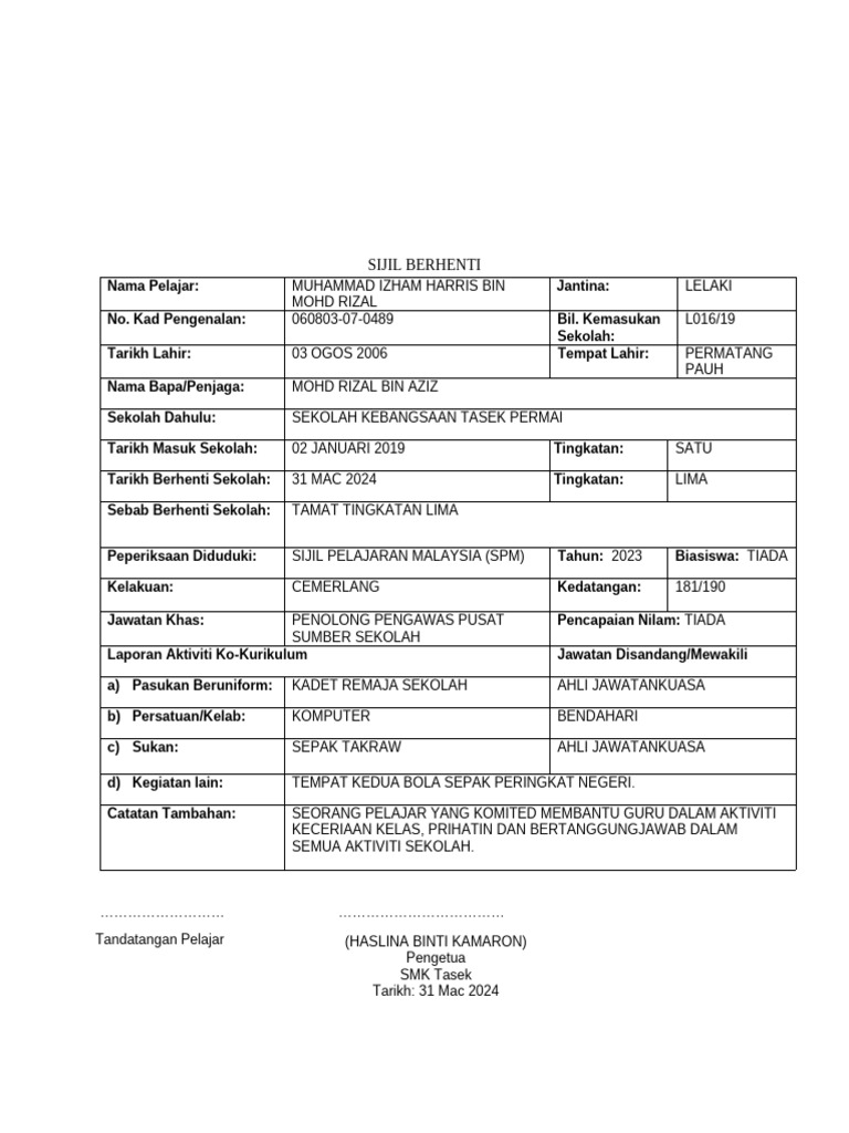 Template SIJIL BERHENTI SPM 2023 - IZHAM | PDF