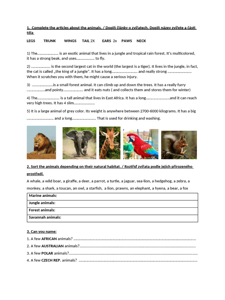 Wild Animals Fill in Sort Out Icebreakers Worksheet Templates Layouts ...