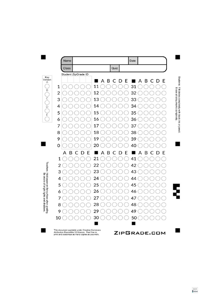 Zip Grade 50 Question V211 | PDF