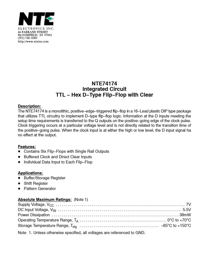 NTE - Electronics NTE74174 Datasheet | PDF | Digital Electronics | Electrical Engineering