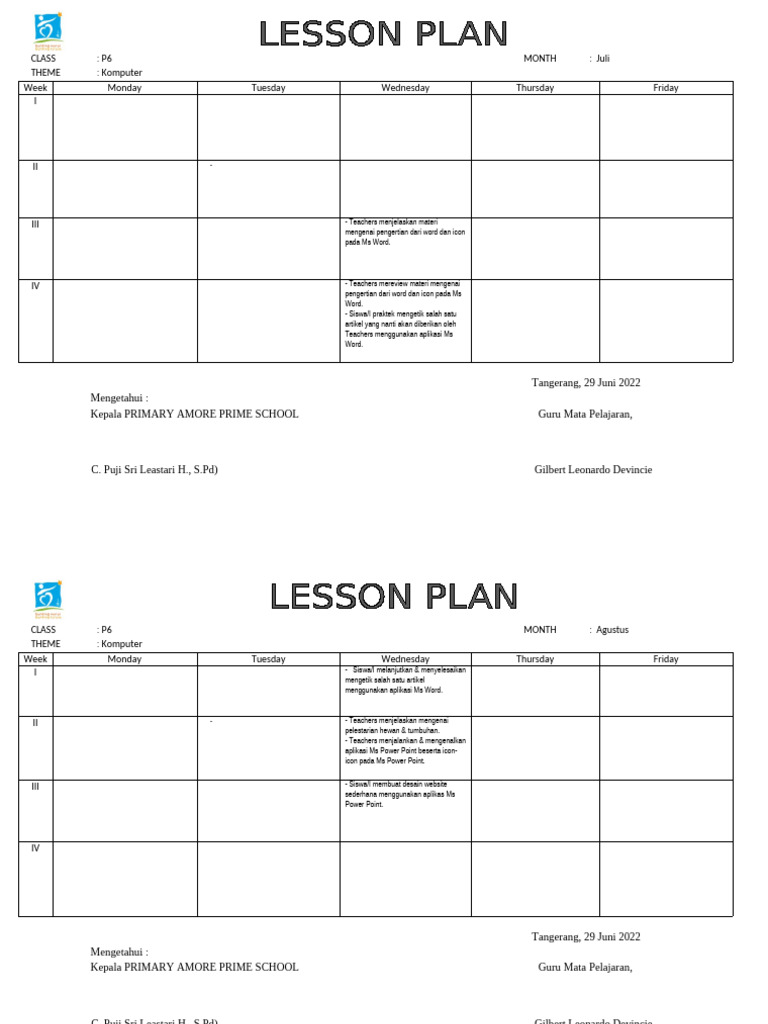 Lesson Plan Komputer P6 | PDF