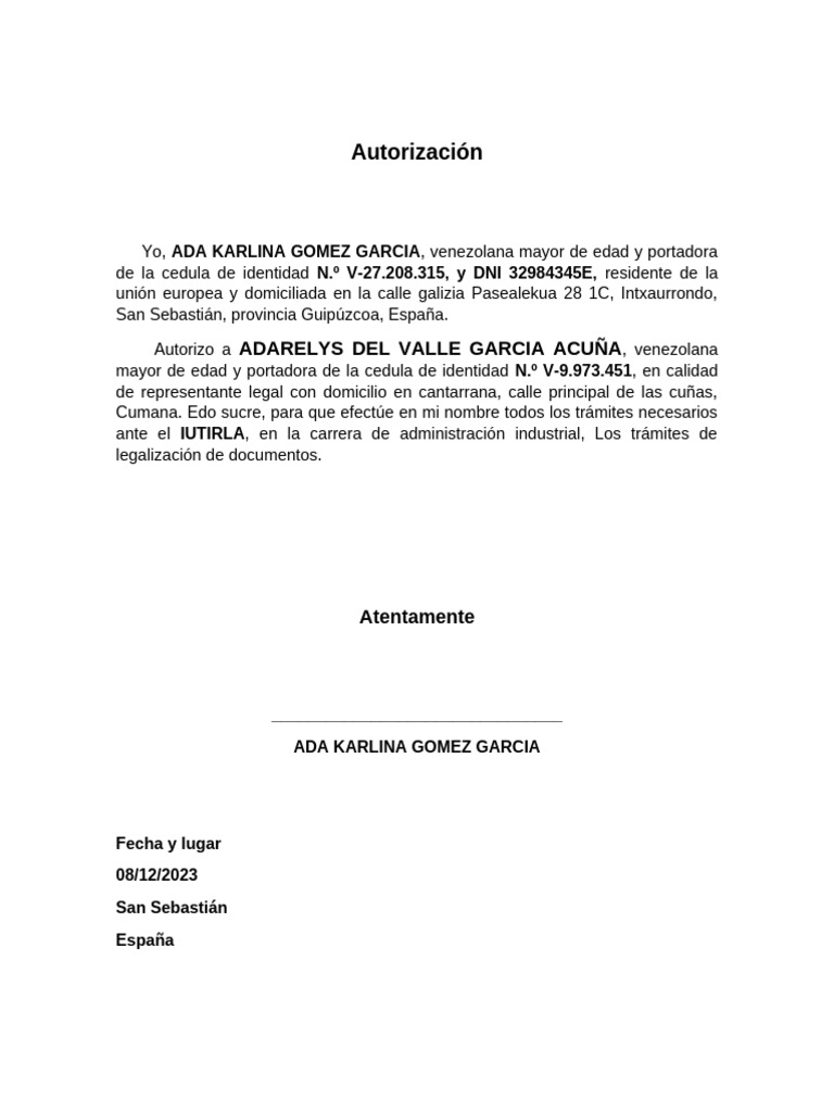 Autorización Ada Gomez | PDF | Finanzas y dinero