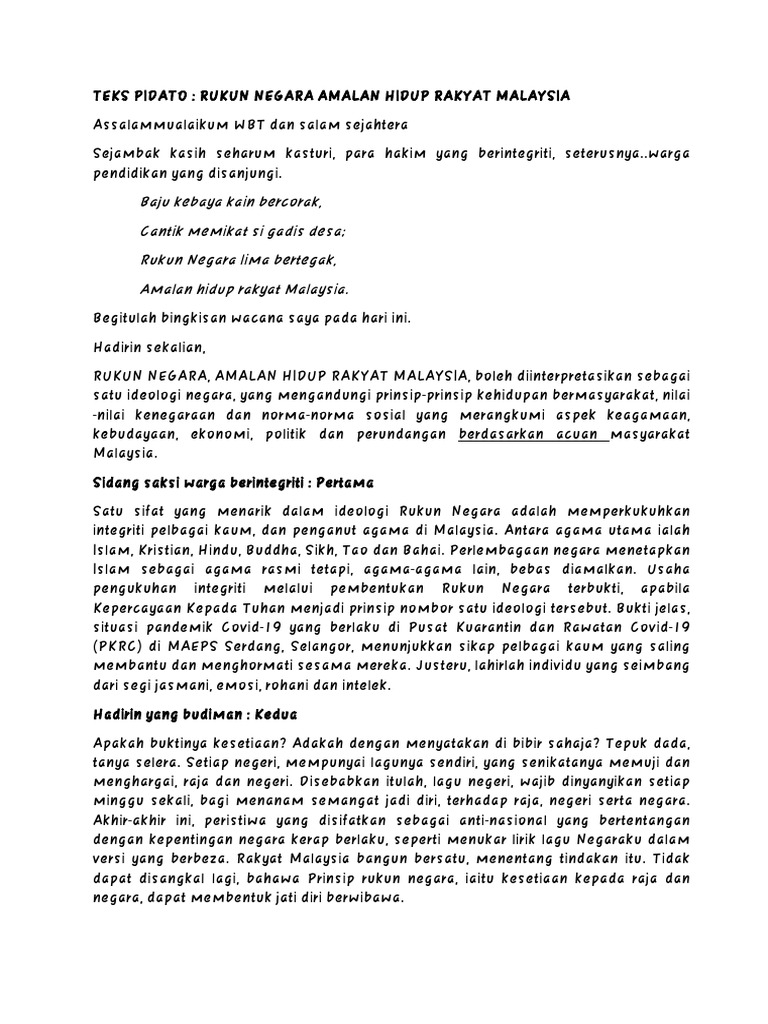 SKRIP PIDATO (TAJUK-RUKUN NEGARA AMALAN HIDUP RAKYAT MALAYSIA) - AZIDA BINTI ABD AZIZ Moe | PDF