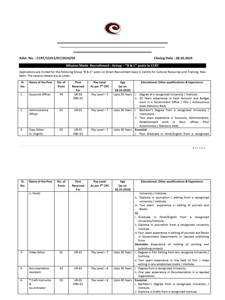 Ministry of Culture Detailed Advt For Group B C Posts | PDF | Academic ... Ministry of Culture Detailed Advt For Group B C Posts | PDF | Academic ...