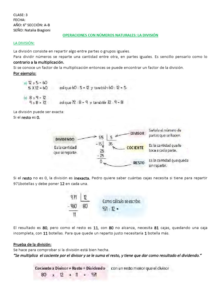 División de Números Naturales: Guía y Ejercicios | PDF | División ...