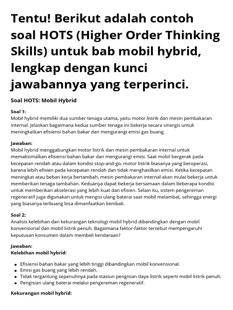 Contoh Soal HOTS Mobil Hybrid | PDF | Bisnis | Komputer