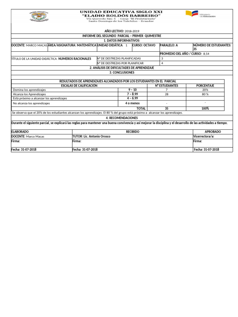 Informe 2 Parcial Octavo A | PDF | Aprendizaje | Modificación de comportamiento