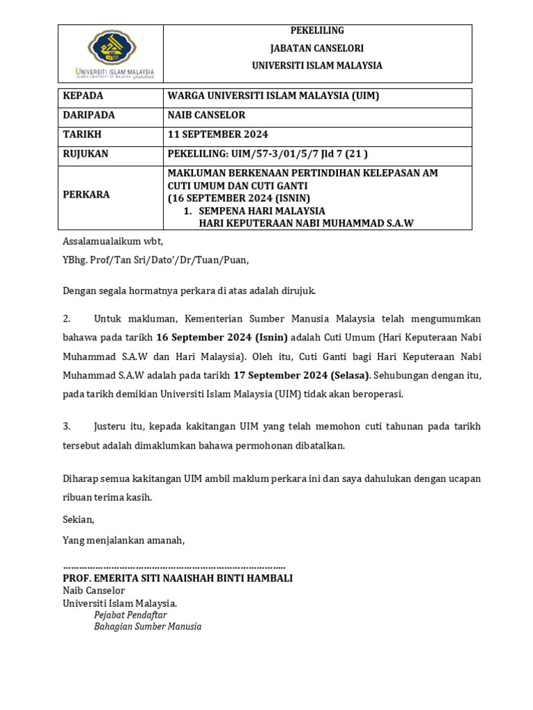 Memo Pekeliling Uim Cuti Umum Dan Cuti Ganti (11 September 2024) | PDF