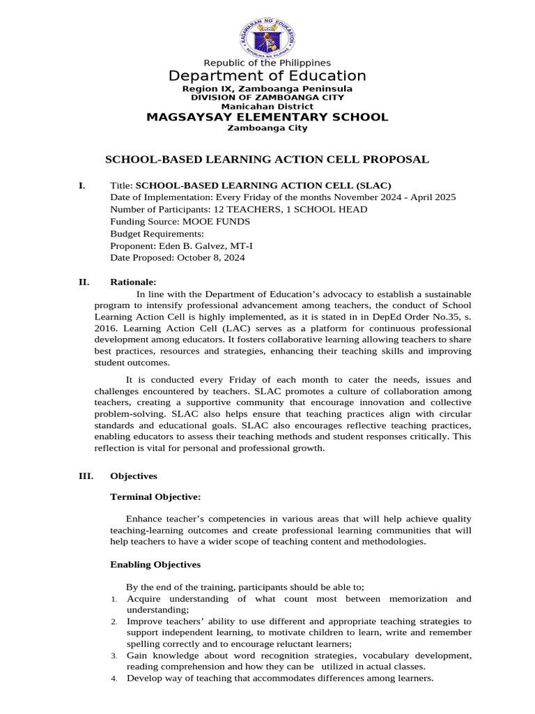 LAC Proposal - Magsaysay | PDF | Phonics | Learning