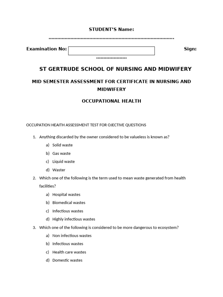 Occupation Heaith Assessment Test For Ojective Questions | PDF ...