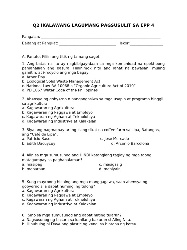 Q2-W3-W4-Ikalawang Lagumang Pagsusulit Sa Epp 4 | PDF