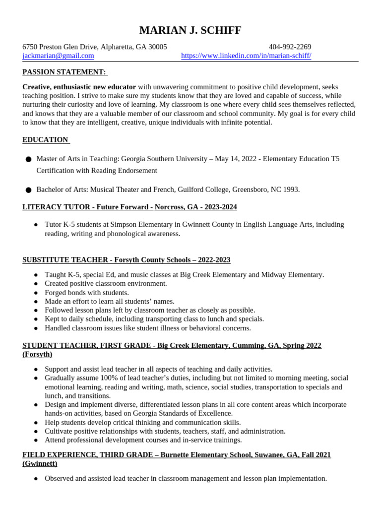 Marian-Schiff-Resume 2024 | PDF | Teachers | Lesson Plan