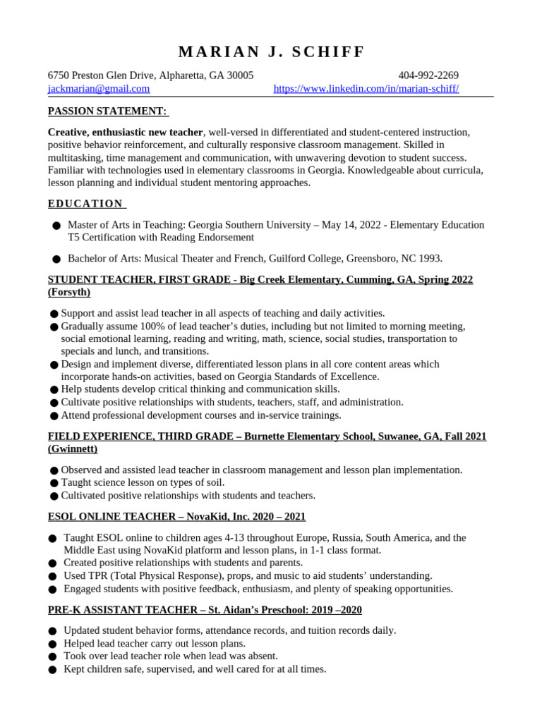 Marian Schiff Resume 2022 | PDF | Teachers | Classroom Management