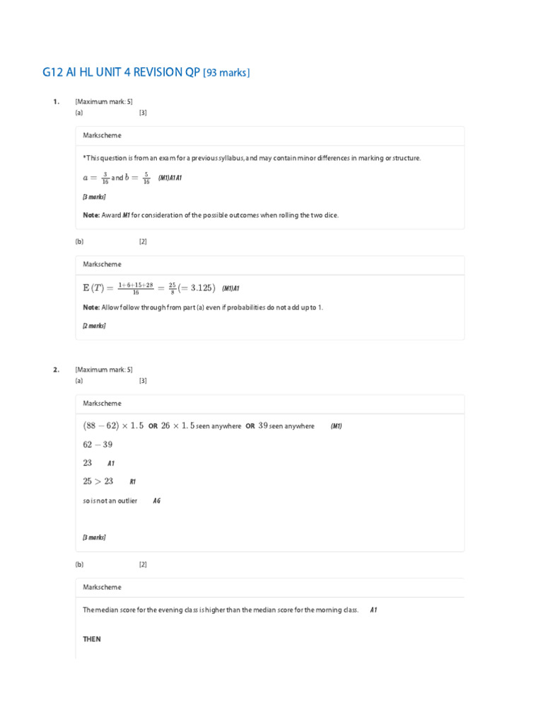 G12 AI HL Unit 4 Revision Questions | PDF | Probability Theory ...