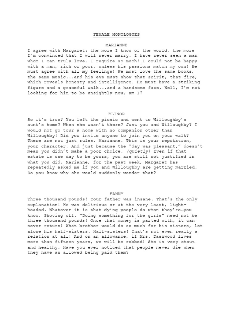 Elinor and Marianne Monologues | PDF | Sense And Sensibility | Elinor ...