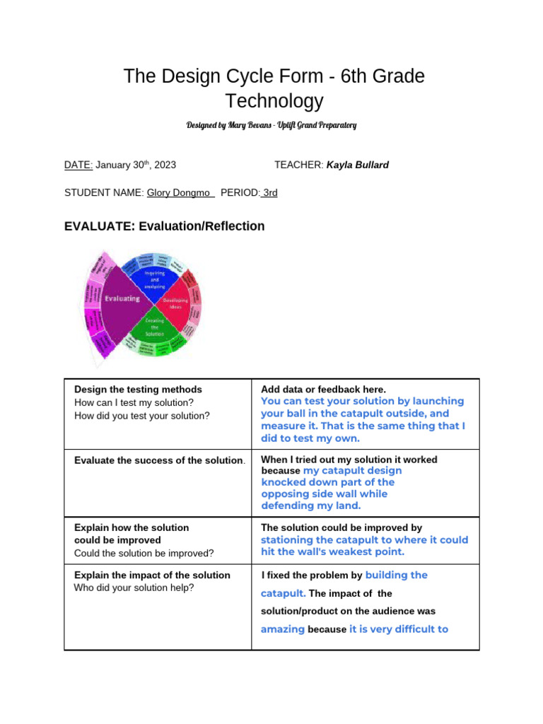The Design Cycle Form - 6th Grade Technology - Evaluate Section | PDF ...