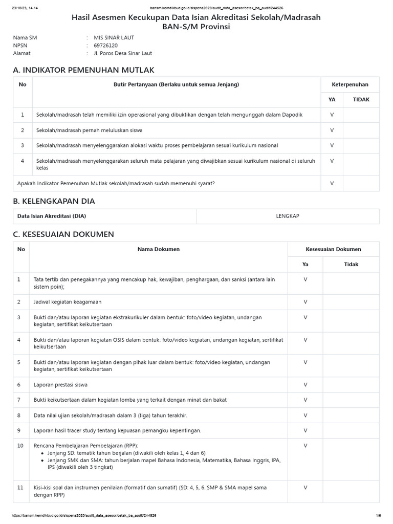 Hasil Audit Akreditasi MIS Sinar Laut | PDF