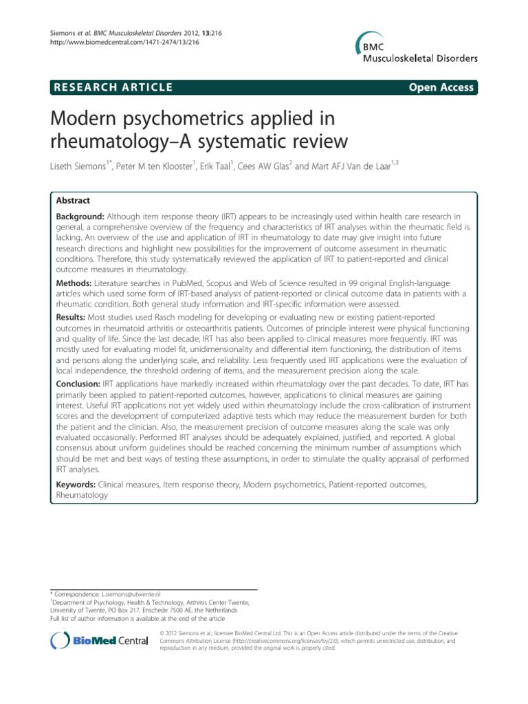 Modern Psychometrics Applied in Rheumato | PDF | Rheumatology ...