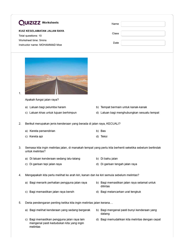 KUIZ KESELAMATAN JALAN RAYA - Quizizz | PDF