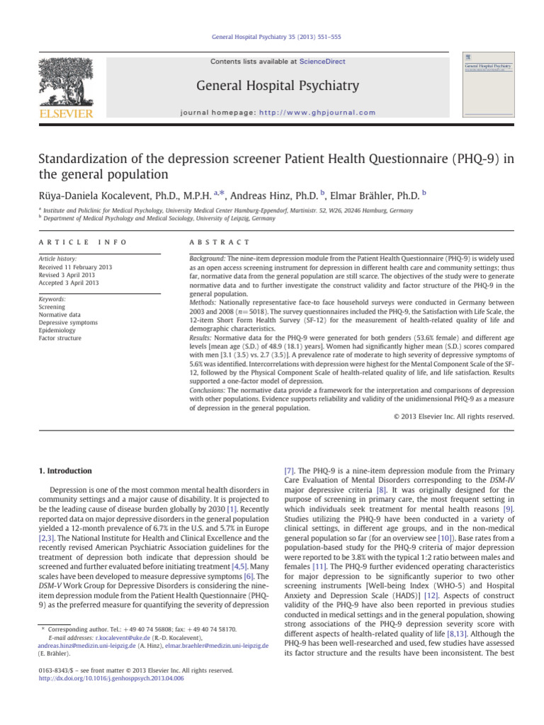 PHQ-9 Normal Poblation Standardization - of - The - Depression - Screen ...