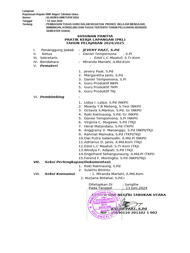 Lampiran Sk Panitia Pkl 2024 | PDF
