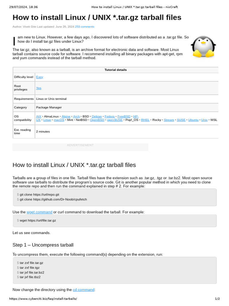 How To Install Linux - UNIX - .Tar - GZ Tarball Files - NixCraft | PDF | Unix | System Software