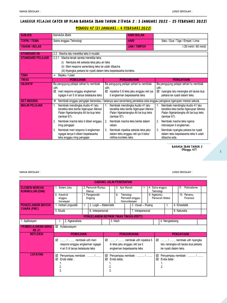 RPH Catch Up Plan Fasa 2 - Minggu 47 (31 Jan - 4 Feb 2022) | PDF | Seni & Disiplin Bahasa ...