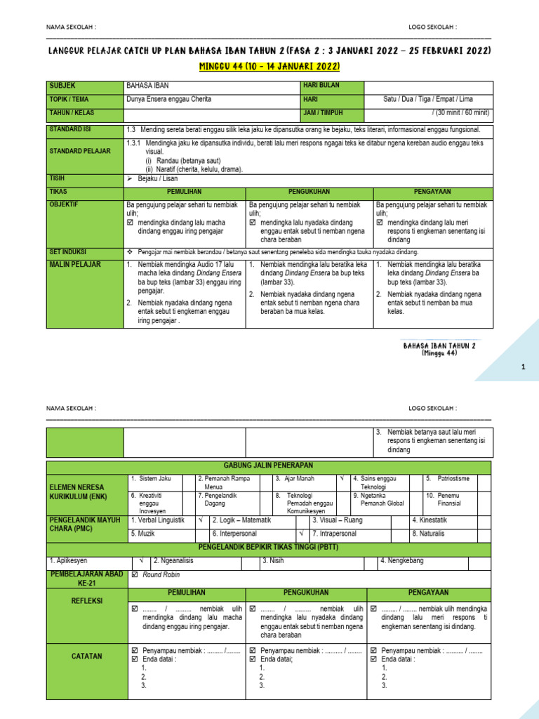 RPH Catch Up Plan Fasa 2 - Minggu 44 (10 - 14 Jan 2022) | PDF