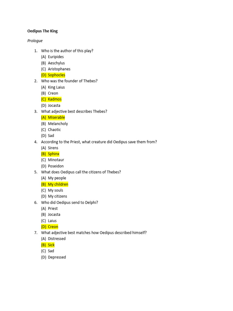 Oedipus The King Test MCQs and Free Response | PDF | Oedipus | Theban ...