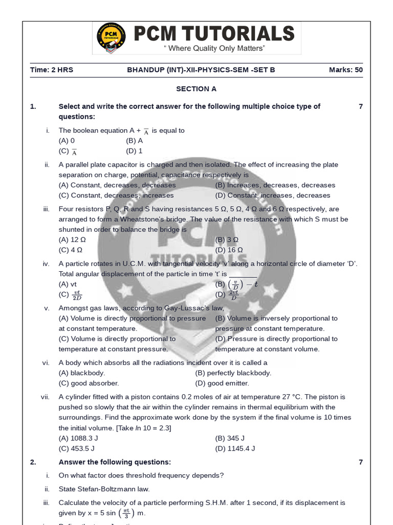 QP Bhandup (Int) Xii Physics Sem Set B | PDF | Electron ...