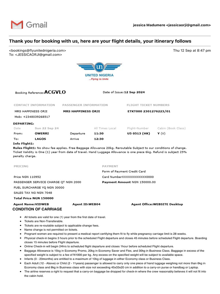 Thank You For Booking With Us, Here Are Your Flight Details, Your ...