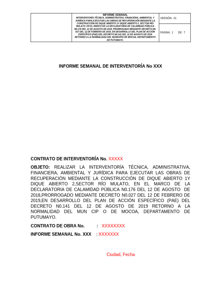 Informe Semanal de Interventoría Mocoa | PDF