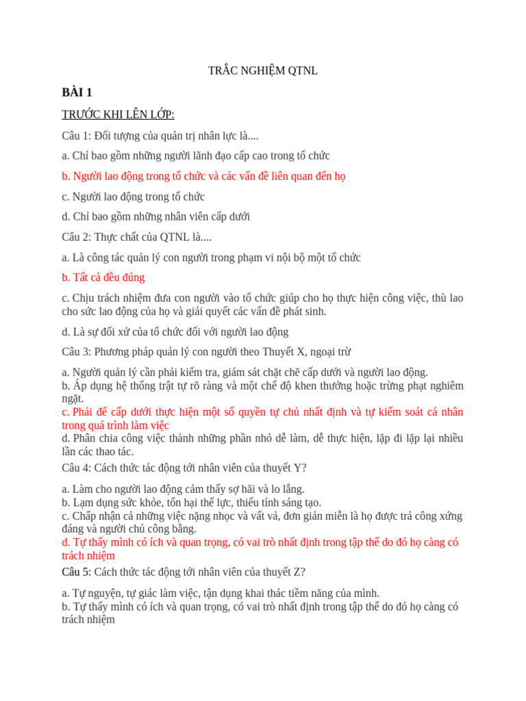 TRẮC NGHIỆM QTNL | PDF
