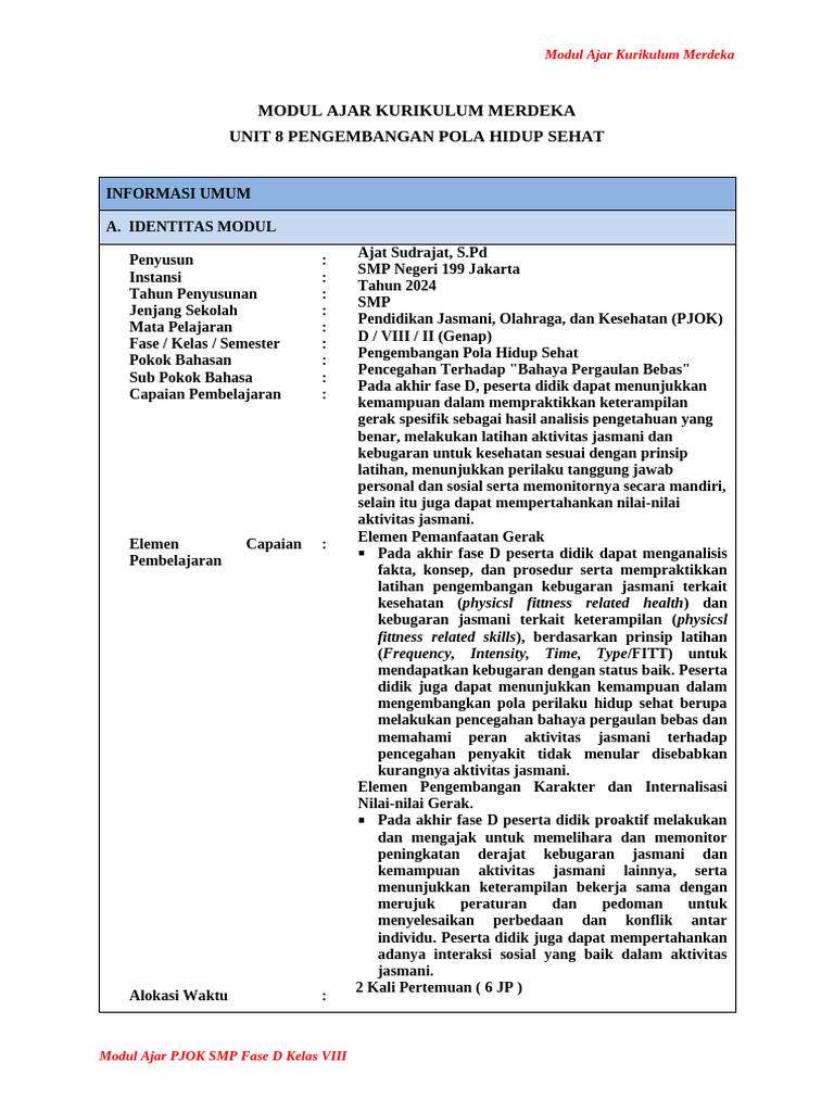 Modul Ajar Unit 8 (Pola Hidup Sehat) | PDF