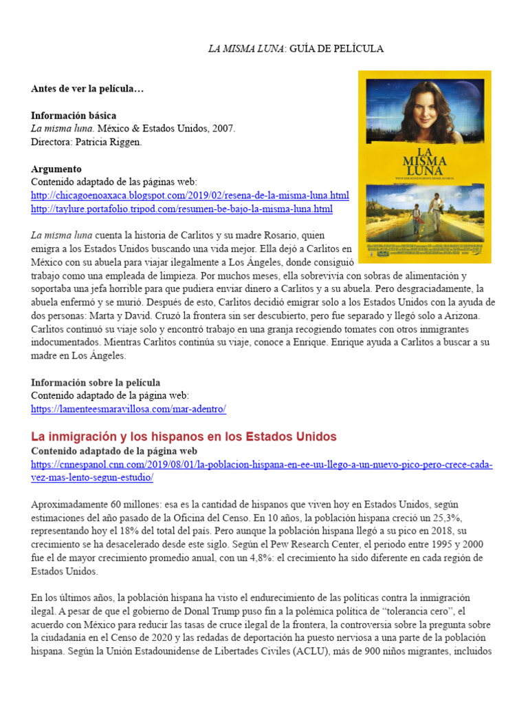 Guía de la película "La misma luna" | PDF
