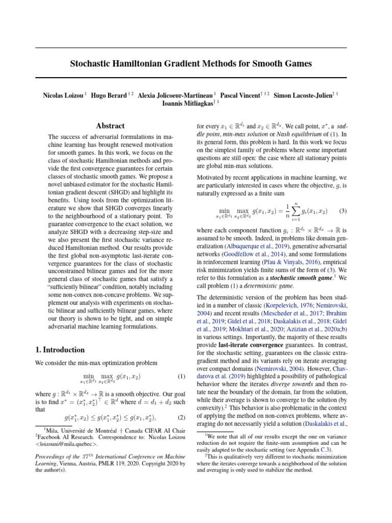 Stochastic Hamiltonian Gradient Methods For Smooth Games | PDF | Mathematical Optimization ...