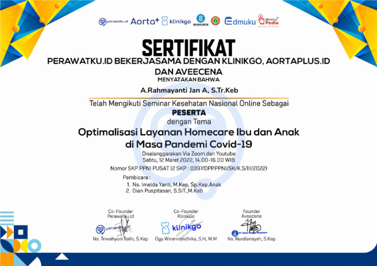Sertifikat A.Rahmayanti Jan A, S.TR - Keb | PDF