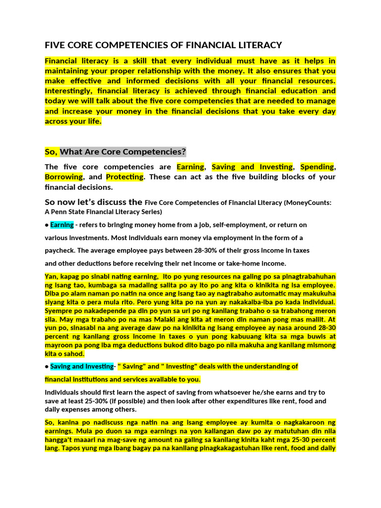 The Five Core Competencies of Financial Literacy Report-Benlac | PDF | Debt | Loans