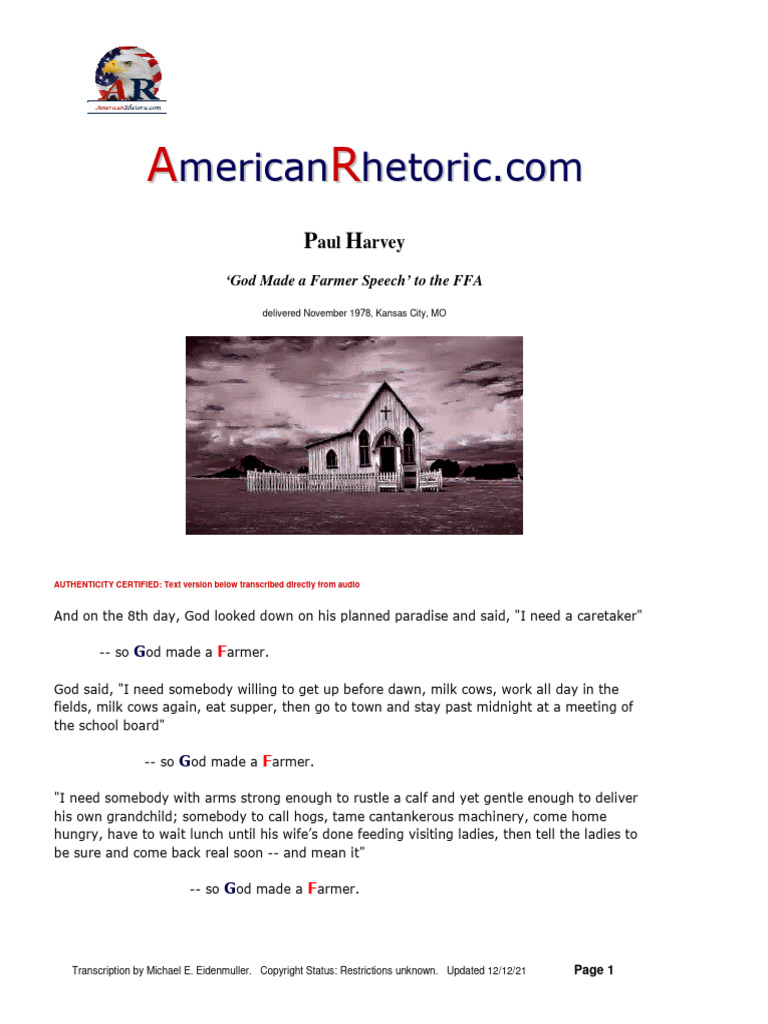 Paul Harvey - God Made A Farmer | PDF