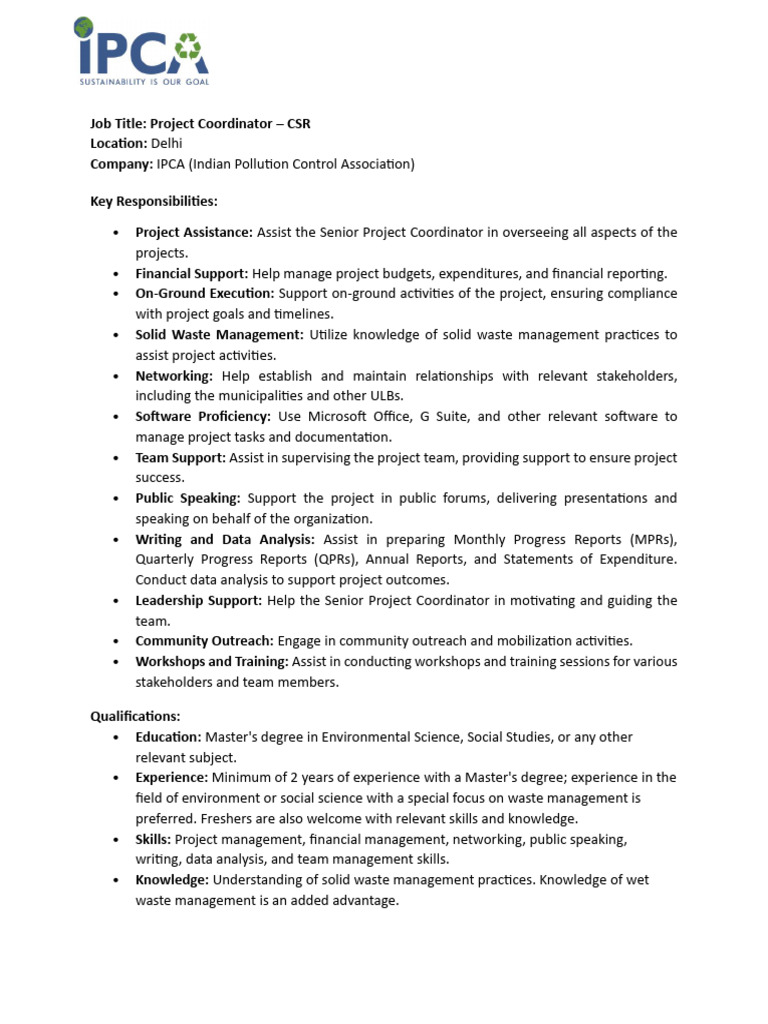 CSR Project Coordinator Role | PDF | Project Management | Business